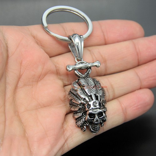 Men Stainless Steel American Indian Chief Skull Key Chain Pendant Ring ...
