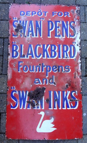 Rare Original Pre-War 40" x 22" Enamel Sign Advertising Swan Ink & Pens ...