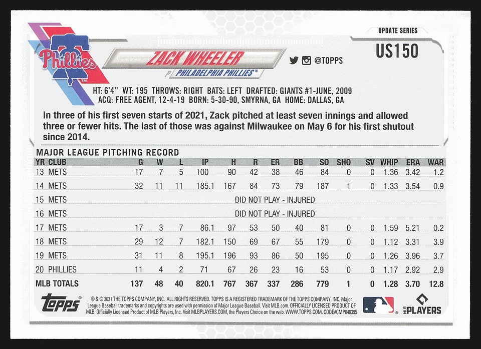 2021 Topps Update #US150 Zack Wheeler | eBay
