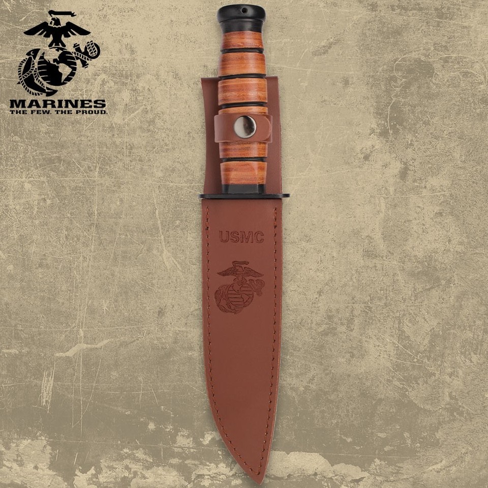 USMC Marines Combat Knife | 7" Stainless Steel Blade | Embossed Leather ...