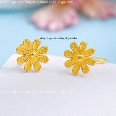 Pure 999 24K Yellow Gold Lucky Flower Women Stud Earrings 7.6mm 1.63-1 ...