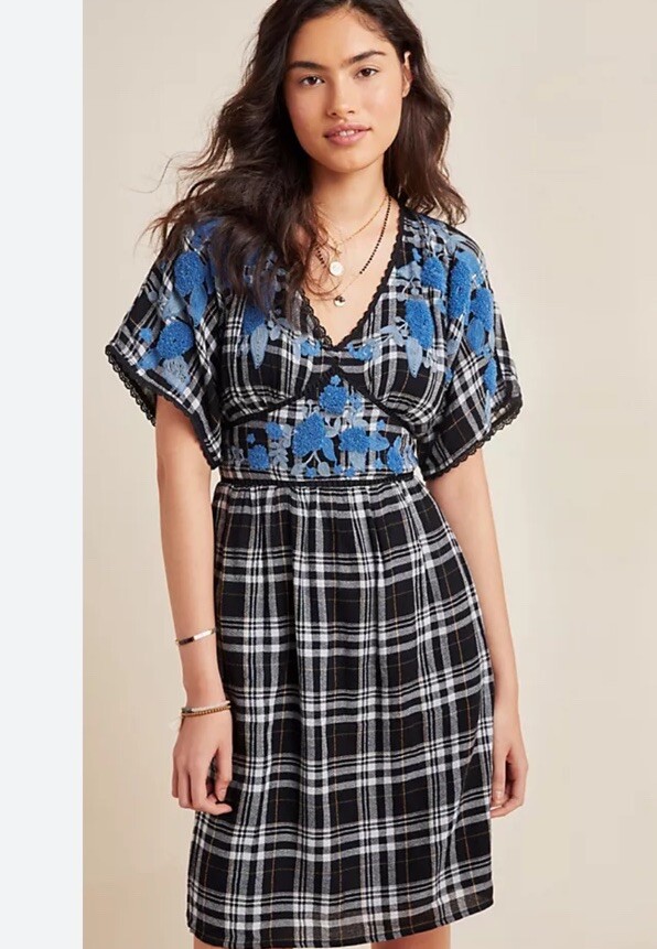 Anthropologie 8 Sarah Plaid Embroidered Dress Mini Co… - Gem