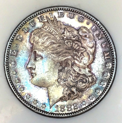 1882 S MORGAN DOLLAR! SUPERB GEM BU+++! PROOF LIKE RAINBOW TONING! WILD ...