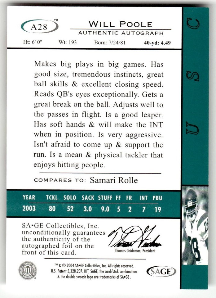 2004 SAGE HIT Will Poole Autographs Emerald #A28 Auto | eBay