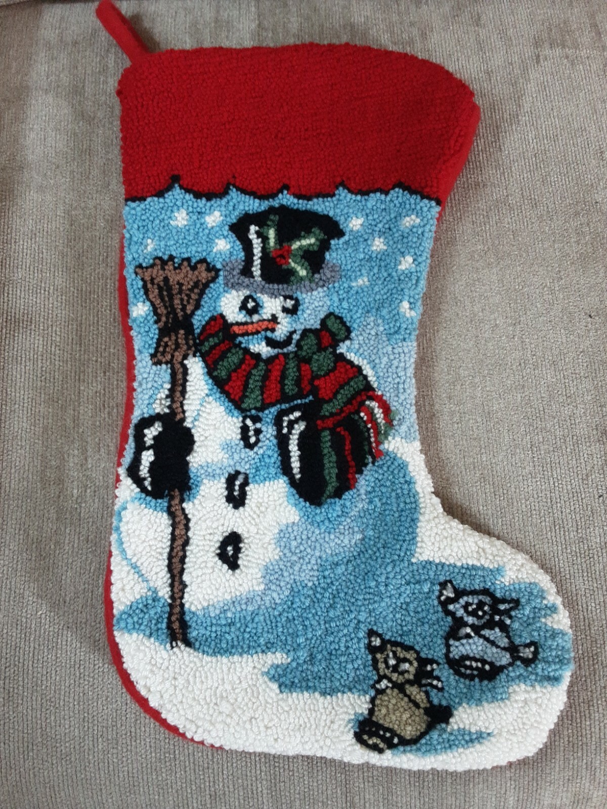 Vintage 17" Latch Hook Snowman Holiday Christmas Stocking Felt Back Red ...