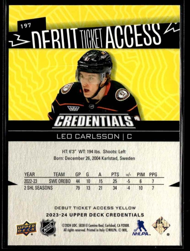 2023-24 Credentials debut ticket acces Leo Carlsson Anaheim Ducks #197 ...