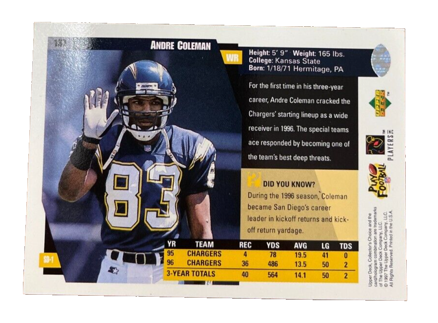 1997 UPPER DECK COLLECTOR'S CHOICE CARD # 137 Andre Coleman-San Diego ...