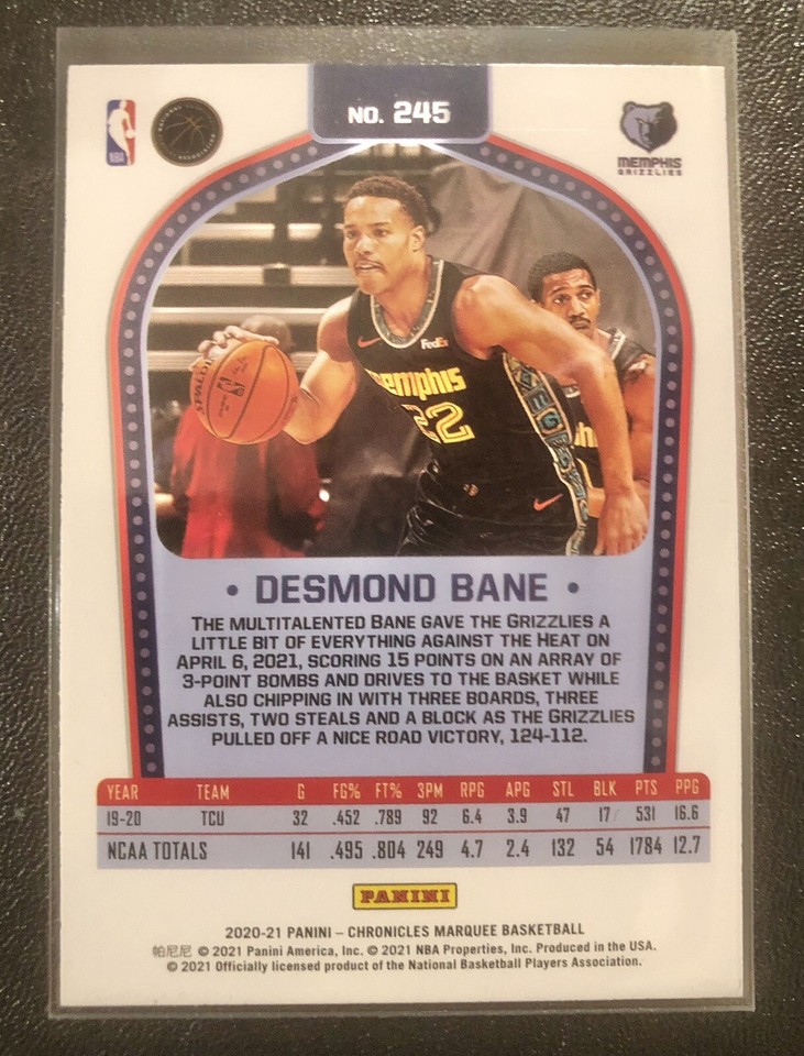 Desmond Bane Rookie Card 2020-21 Panini Marquee Pink #245 Basketball ...