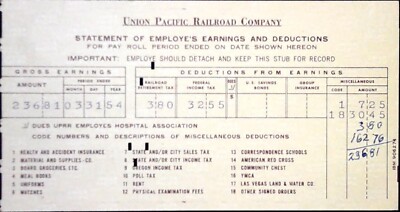 Union Pacific Railroad Payroll Stub Employee Wage Record Statement 3/31 ...