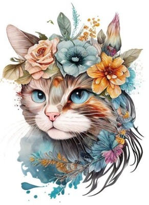 Cottage Shabby Chic Watercolor Cats & Flowers #7 Cotton Fabrics Block ...