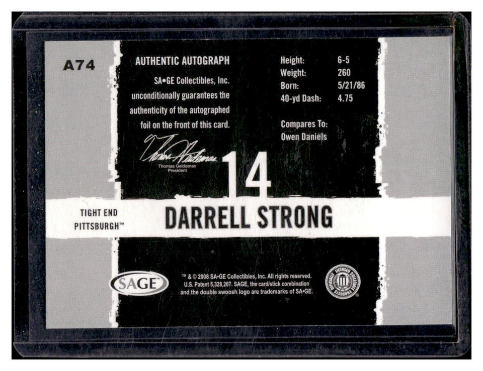 2008 SAGE HIT #A74 Darrell Strong Autograph Silver - Pittsburgh ...