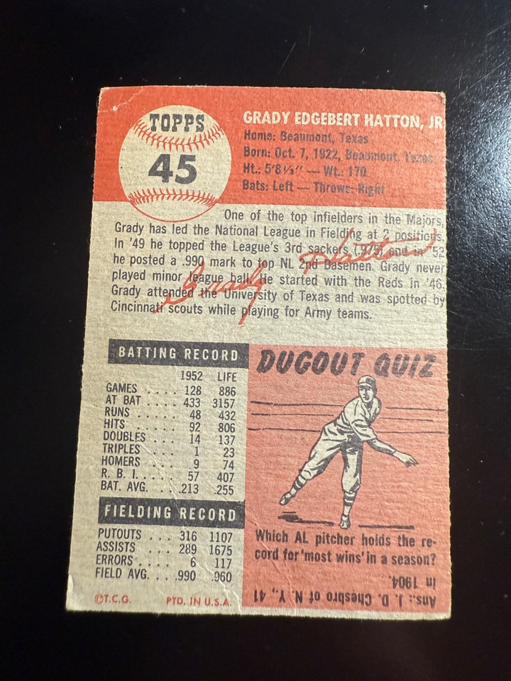 1953 Topps #45: GRADY HATTON Cincinnati Reds G-VG | eBay
