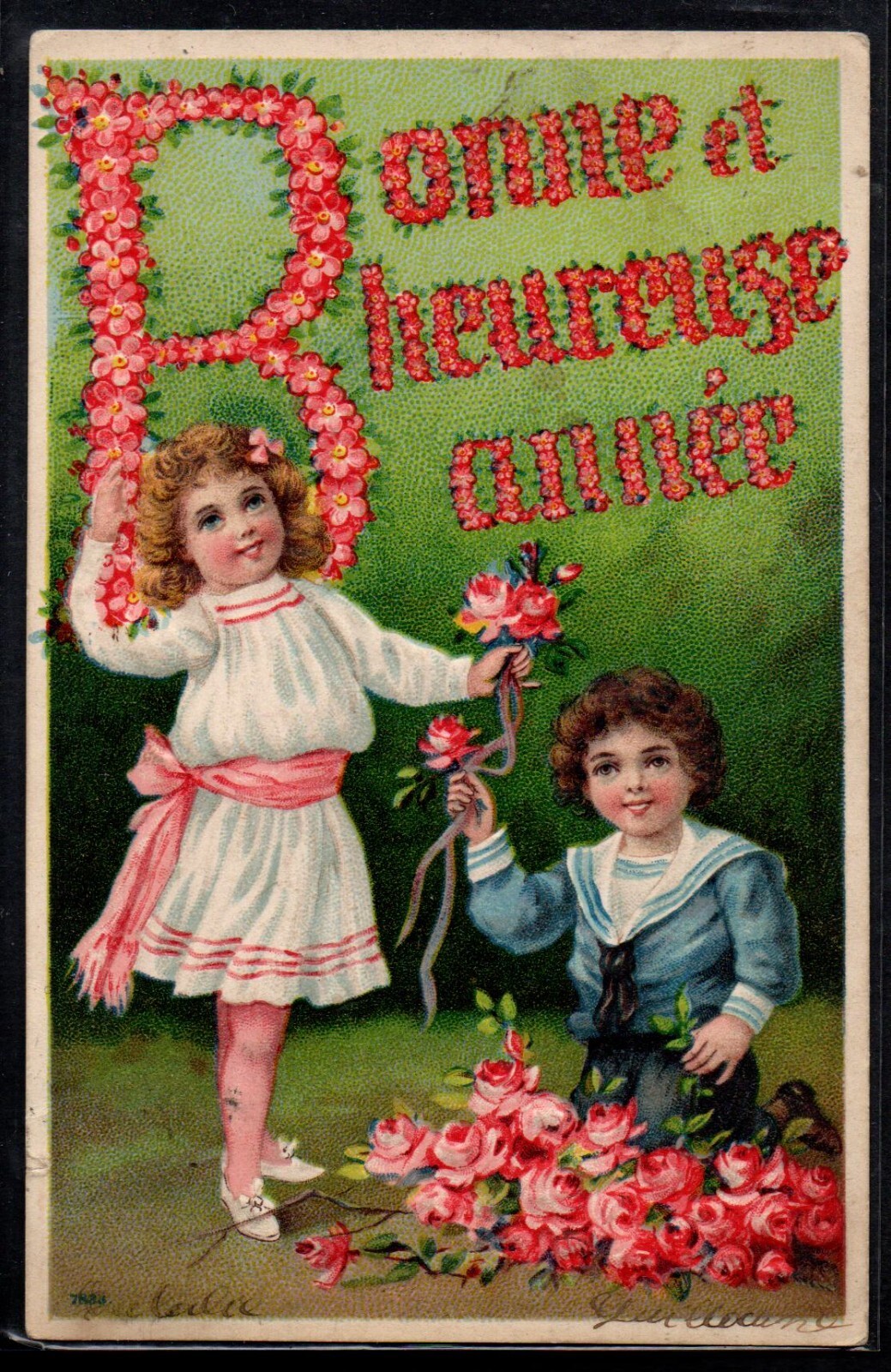 BK196 New Year LARGE LETTERS COUPLE of VICTORIAN CHILDREN ROSES ...