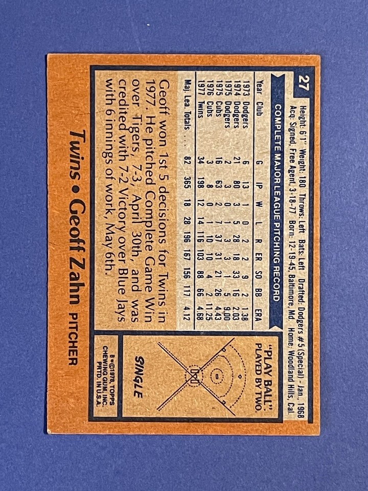 1978 Topps Baseball #27 Geoff Zahn Minnesota Twins | eBay