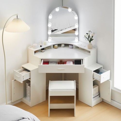 Corner Dressing Table with LED Lights Arch Mirror Vanity Make up Desk ...