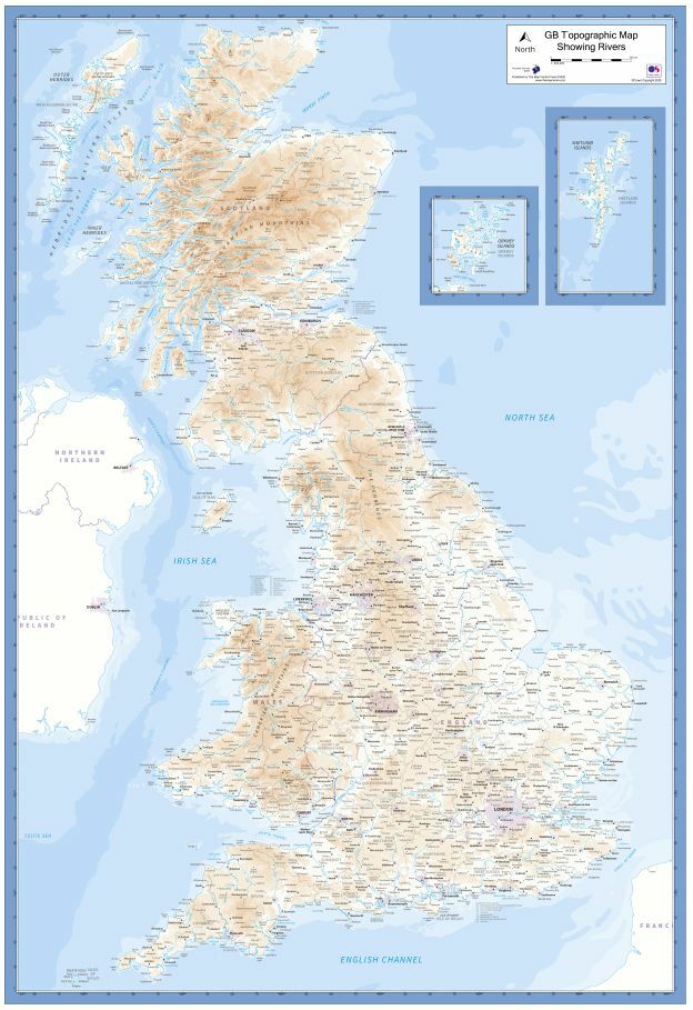 GREAT BRITAIN Topographic Wall Map Incl Rivers. Ordnance Survey - GB ...