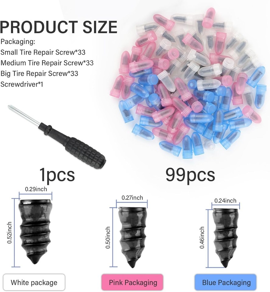 100PCS Tire Repair Screws Kit With Screwdriver 3 Sizes Rubber Plugs ...