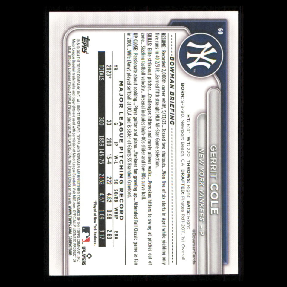 Gerrit Cole #60 2024 Bowman New York Yankees Baseball Card MLB NM | eBay