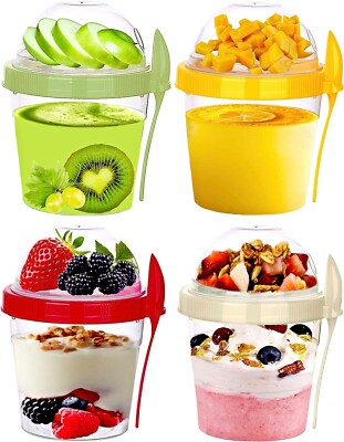 4x Breakfast Yogurt Cups with Lid Spoon Travel Reusable Cereal Oats ...