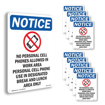 No Personal Cell Phones OSHA Notice Sign Metal, Plastic, Or Decal - 5 ...