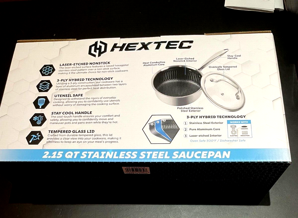 HEXTEC 2.15 Qt 3 Ply Hybrid Sauce Pan w/ Tempered Glass Lid Kitchen ...
