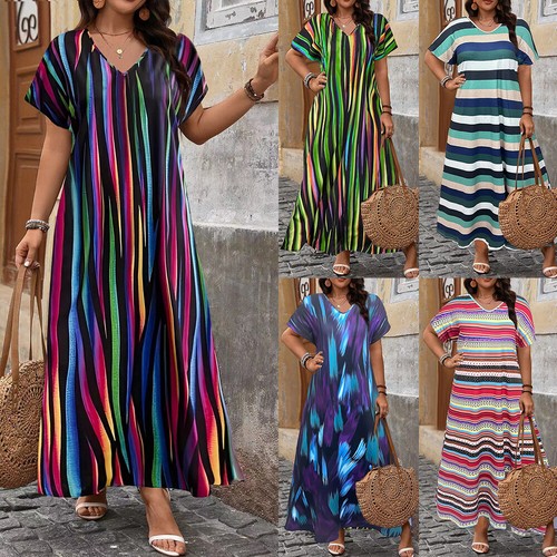 Plus Size 28 Womens Striped Maxi Dress Ladies Summer Beach Holiday ...