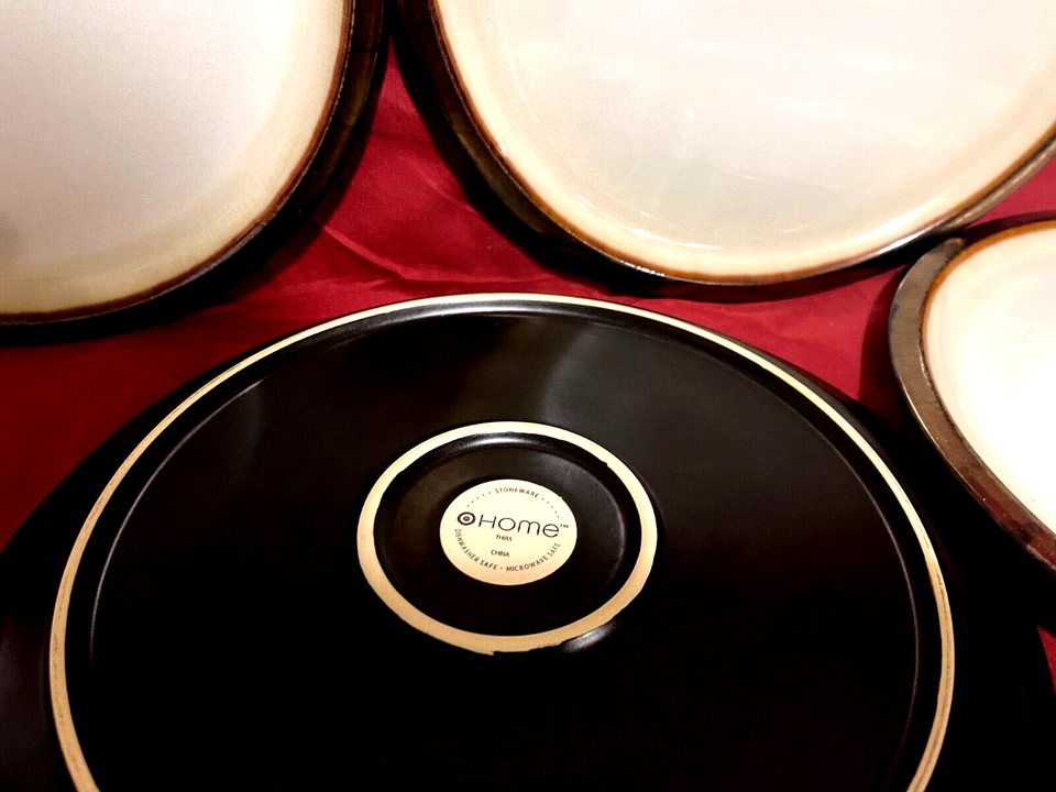 Home Thira Cream Metallic Brown Rim Stoneware Set Of 5 Dinner Plates 10 ...