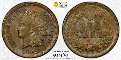 1908-S 1c Key-Date Indian Head Cent Nice Original Toned PCGS ...