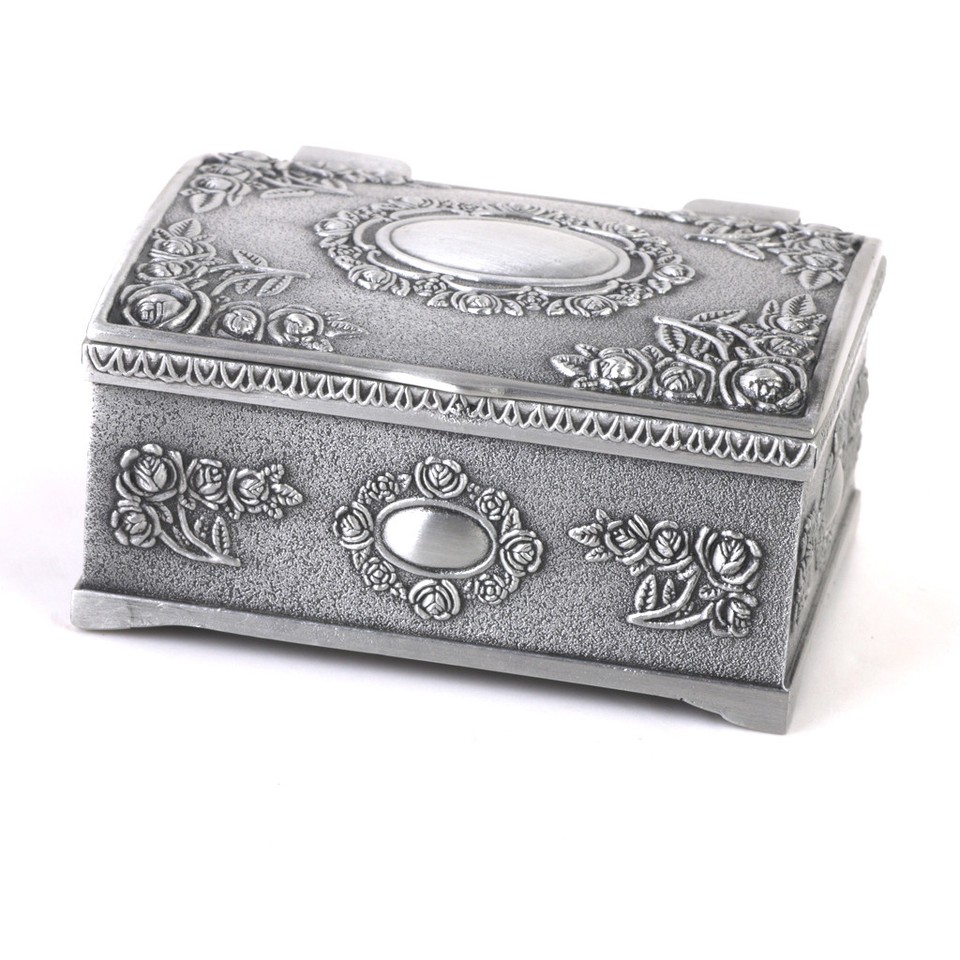 Vintage Treasure Chests Shape Tin Jewelry Box Gifts Case Antique Silver ...