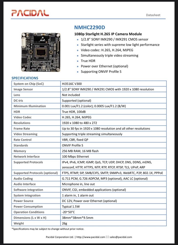 NMHC2290D 1080p Starlight H.265 IP Camera Module CMOS 1/2.8" SONY ...