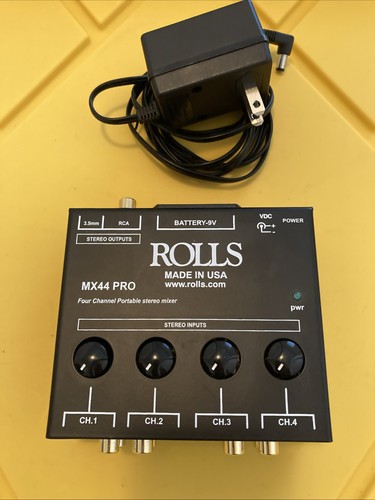 Rolls MX44 Pro 4 Channel Stereo RCA and 1/8" Mixer 30 dB gain W/ Power ...