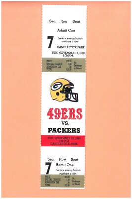 Green Bay Packers at San Francisco 49ers 1989 ticket Joe Montana Super ...