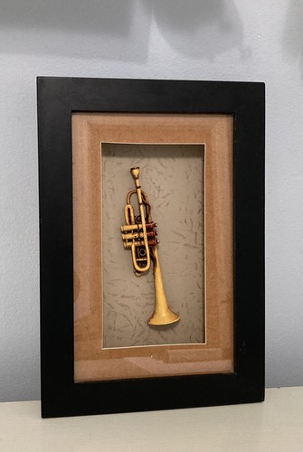 Framed Trumpet Shadow Box Glass Front Black Trim Wall Hanging Artsy 10 ...