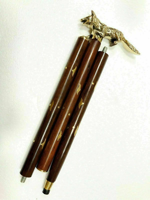 Running Fox Wolf Head Handle Brown Walking Stick Brass Inlay Wooden ...
