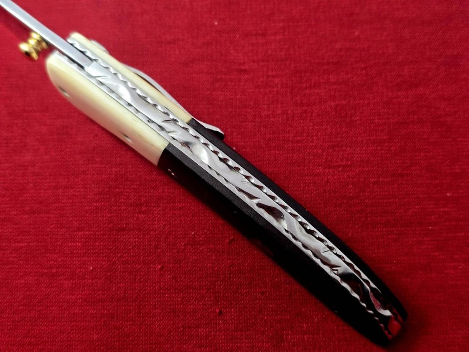 CUSTOM FOLDING KNIFE ATS 4034 STEEL Handmade Ostrich tibia Ebony Wood ...