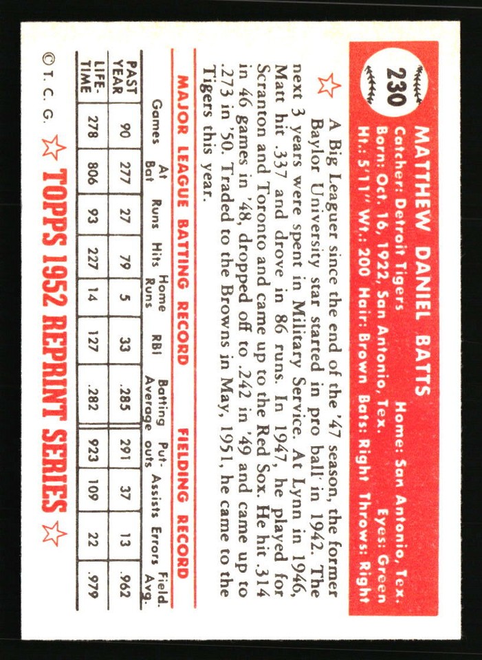 Matt Batts 1983 Topps 1952 Reprint Series #230 BASEBALL Card | eBay