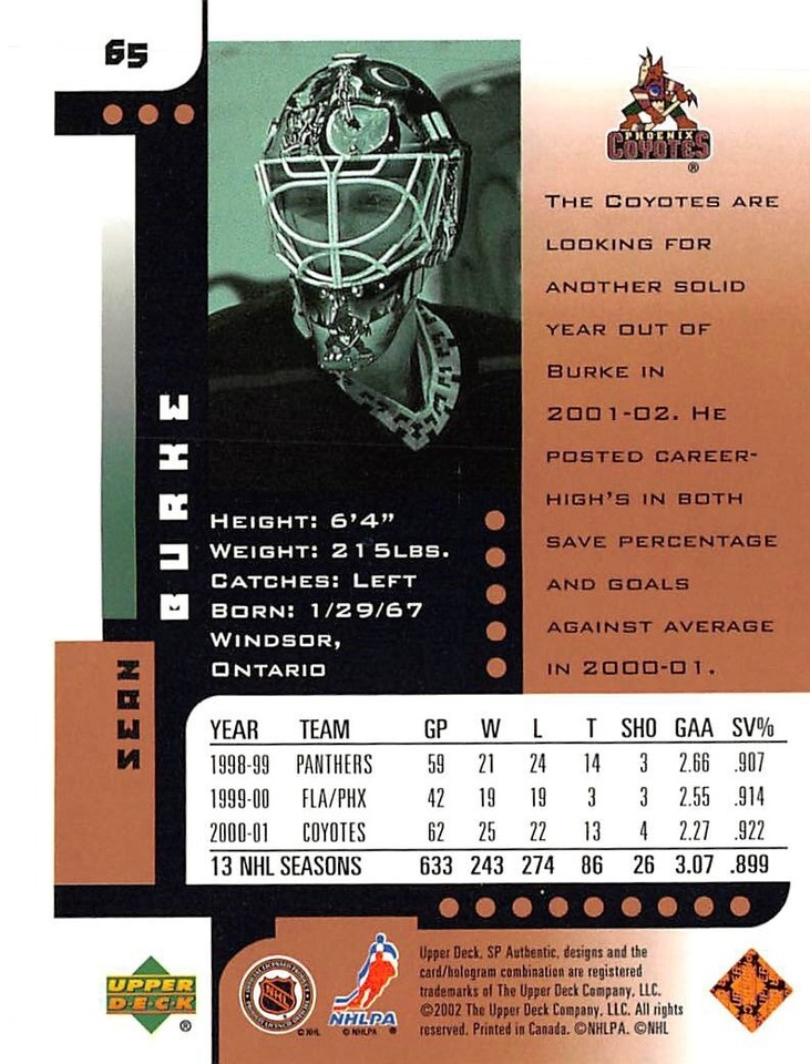 2001-02 SP Authentic Limited #65 Sean Burke /150 | eBay