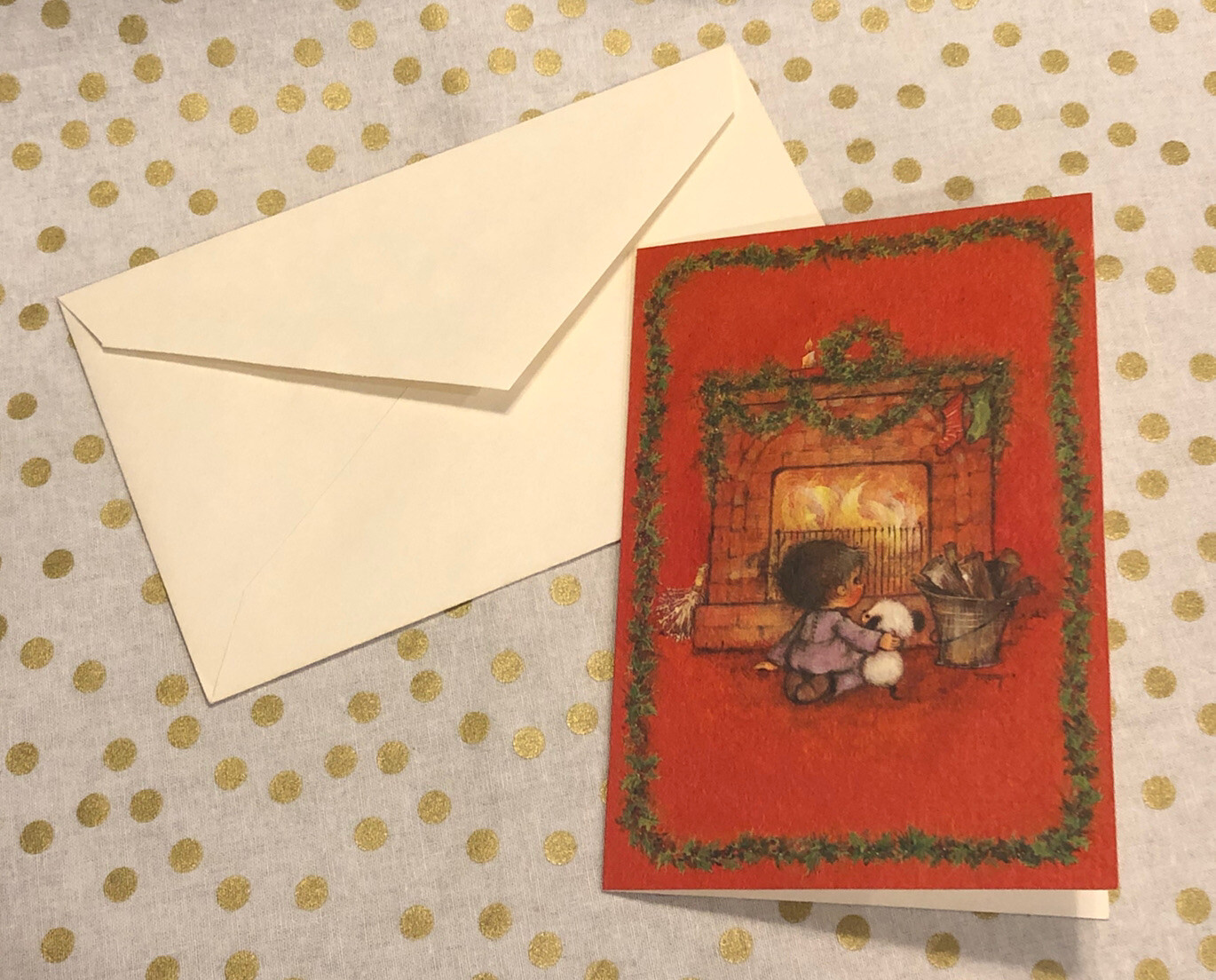 Vintage Mary Hamilton Christmas Card Boy & Dog by Fireplace Unused w ...