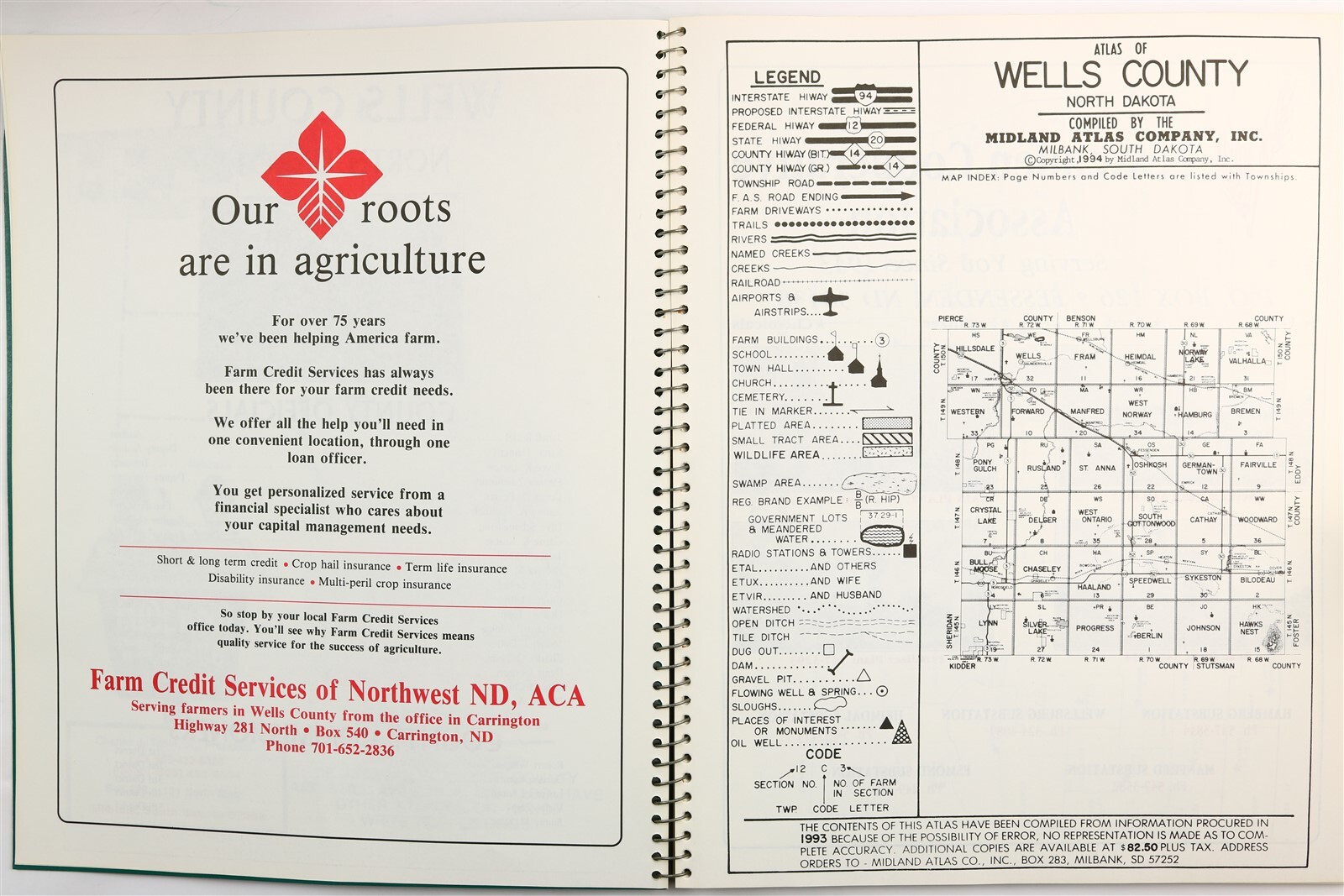 Wells County, North Dakota 1994 Atlas Fessenden Harvey Bowdon Cathay ...