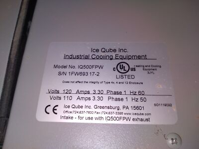 ICE QUBE INDUSTRIAL COOLING EQUIPMENT IQ500FPW 110-120V 3.30AMPS 50 ...