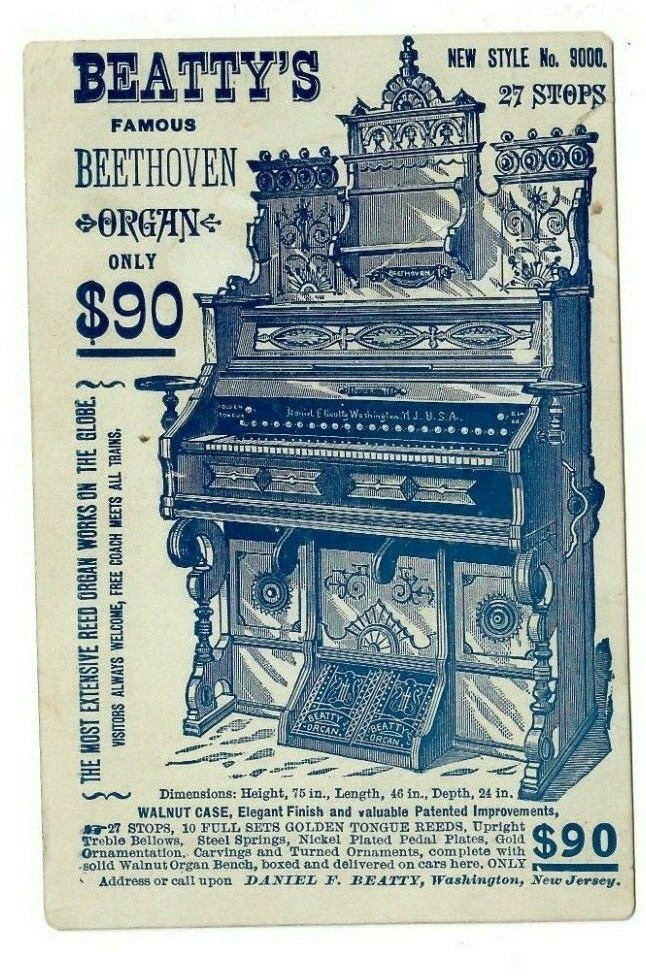 BEATTY'S CABINET ORGANS PIANOFORTES BEETHOVEN ORGAN AD TRADE CARD ...