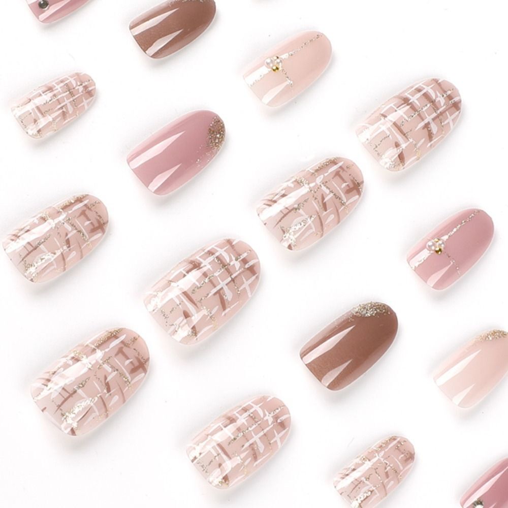 Manicure Fake Nials DIY Press on Nails Short Almond Pearls French False ...