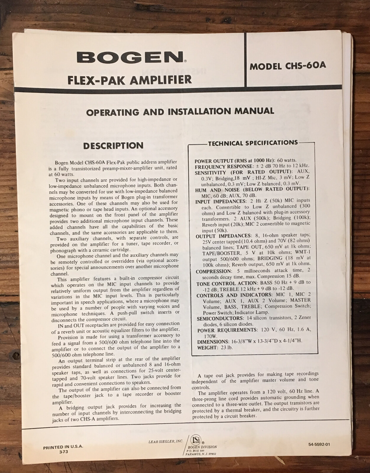 Bogen CHS-60A Amplifier Owner / User Manual *Original* | eBay