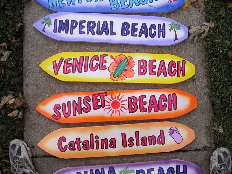 CUSTOM HAND PAINTED WOOD TROPICAL SURFBOARD LOCATION SIGN ARTWORK BEACH ...