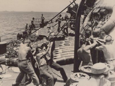 WW2 Guam 1944 14 inch shells being loaded US Navy Ship Pacific Photo | eBay