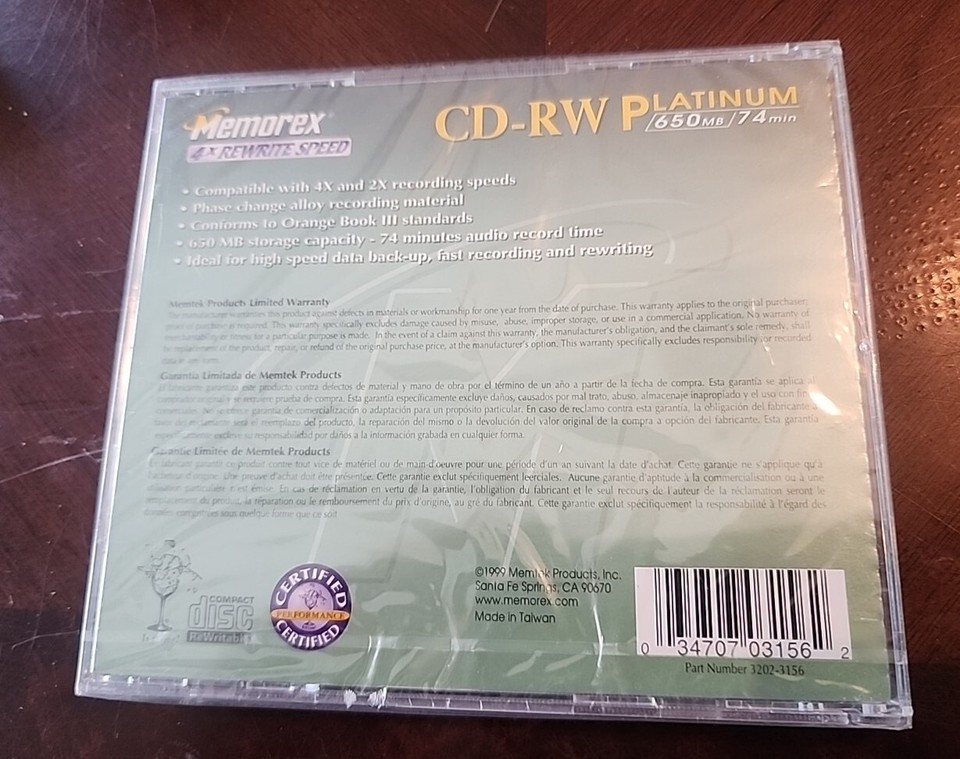 Memorex CD-RW Platinum 4x Rewritable Speed 650 Mb / 74 Minutes | eBay