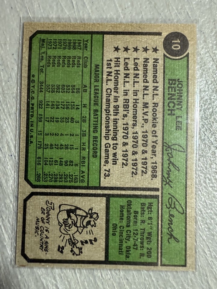1974 Topps Baseball Johnny Bench #10! Cincinnati Reds! | eBay