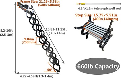 8.2-9.8ft Wall-Mounted Loft Attic Ladder, 21.2x5.5in Beam Folding ...