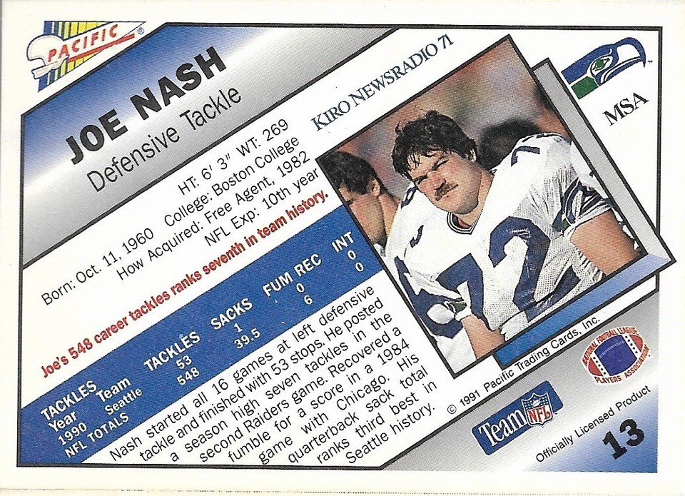 1991 Pacific Oroweat Seattle Seahawks Joe Nash 13 Football Card | eBay