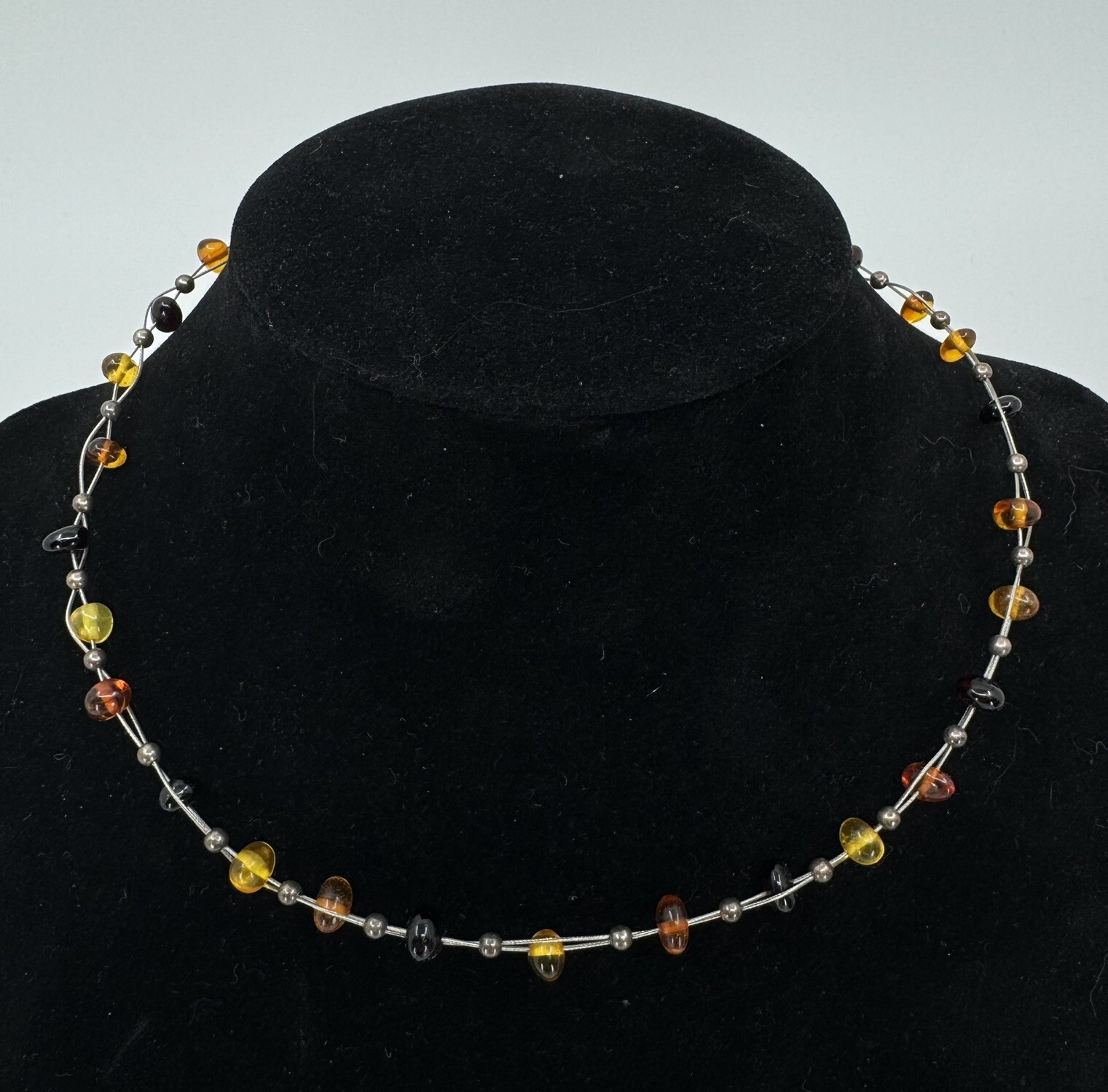 Tri Color Amber Chip And Sterling Silver Woven Wire Necklace 16 in ...